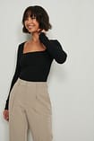 Square Neck Rib Long Sleeve Top Black | NA-KD