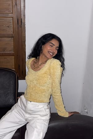 Fluffy Knitted Scoop Neck Sweater Yellow | NA-KD