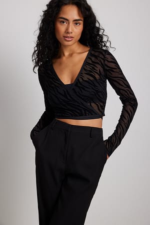 Burn Out Mesh Wrap Top Black | NA-KD