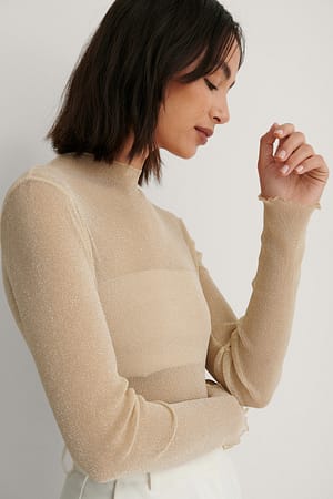 Glittery High Neck Mesh Top Gold | NA-KD