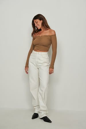Off Shoulder Rouched Rib Top Beige | NA-KD