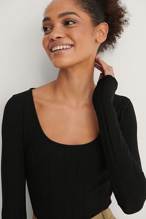 Scoop Neck Rib Top Black | NA-KD