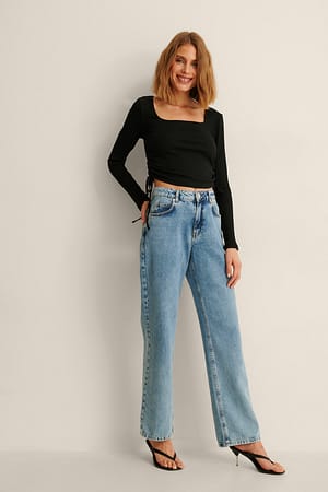 Square Neck Drawstring Top Black | NA-KD