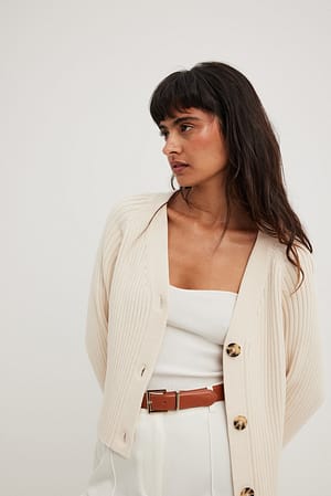 Ribbed V-Neck Knitted Cardigan Offwhite | NA-KD