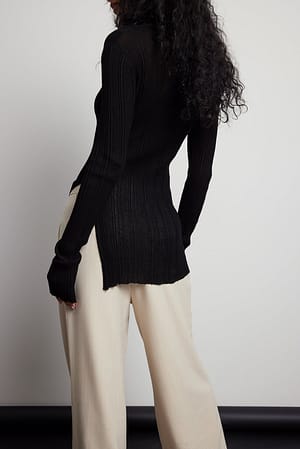 Thin Knit Side Slit Long Top Black | NA-KD