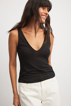 U-Neck Linen Blend Singlet Black | NA-KD