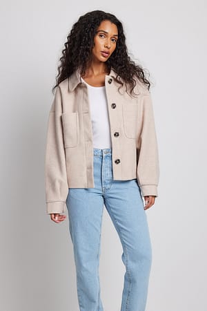 Wool Blend Oversized Short Jacket Beige | NA-KD
