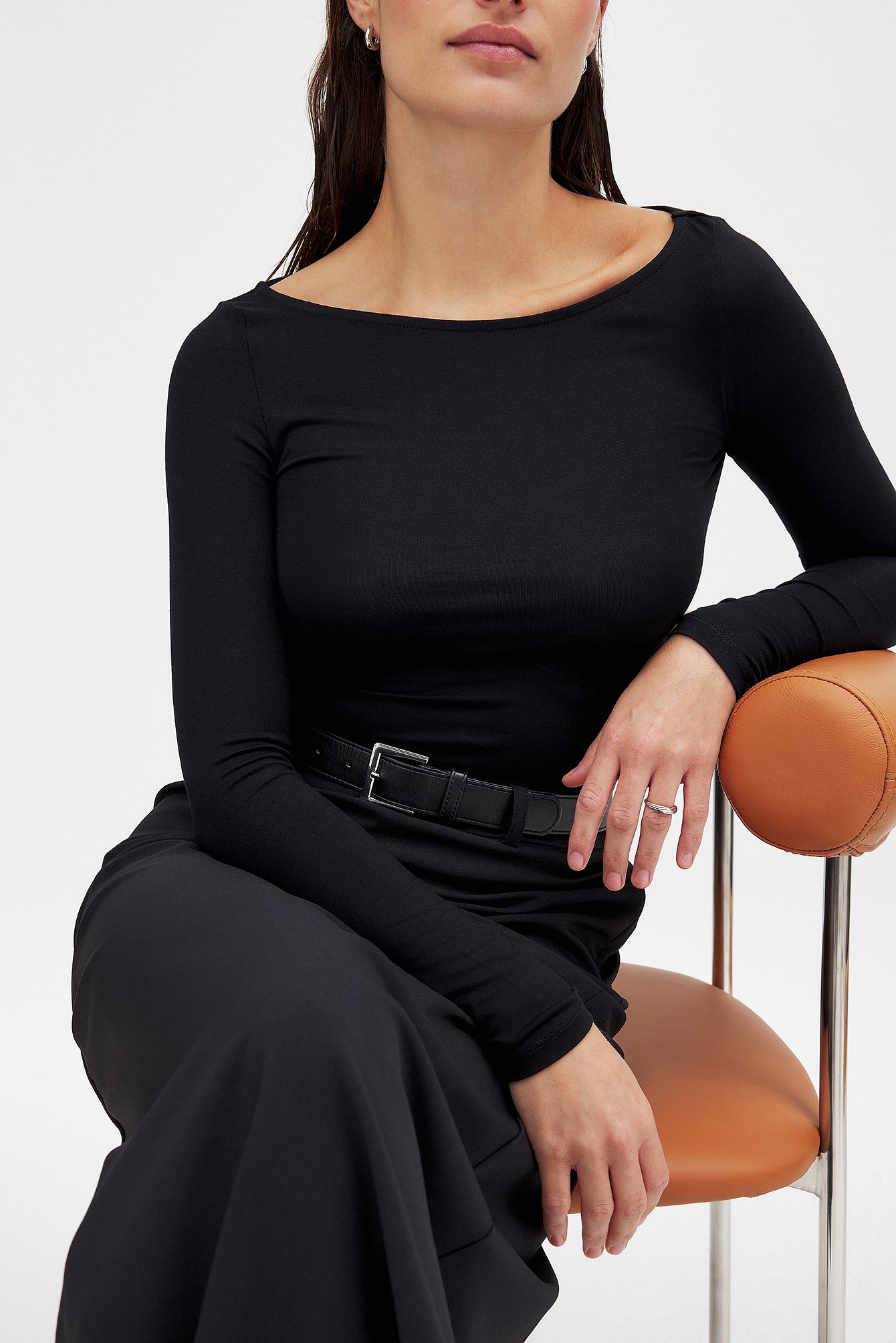 Boat Neck Long Sleeve Top Black | NA-KD