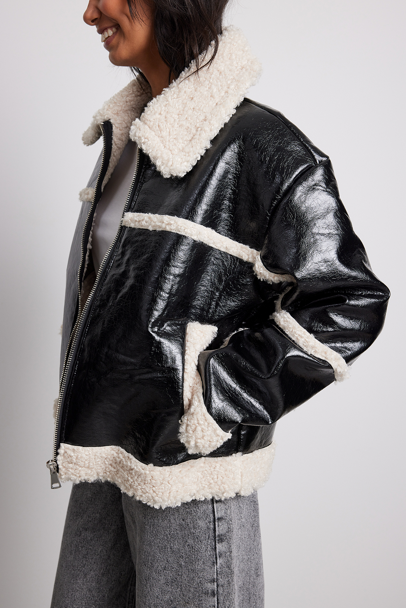 Bonded Teddy Detail Jacket Black | na-kd.com