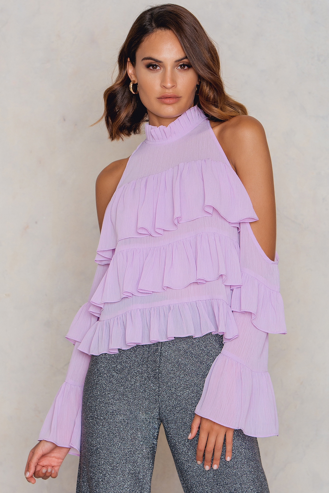 Ruffle Cold Shoulder Blouse Purple | NA-KD