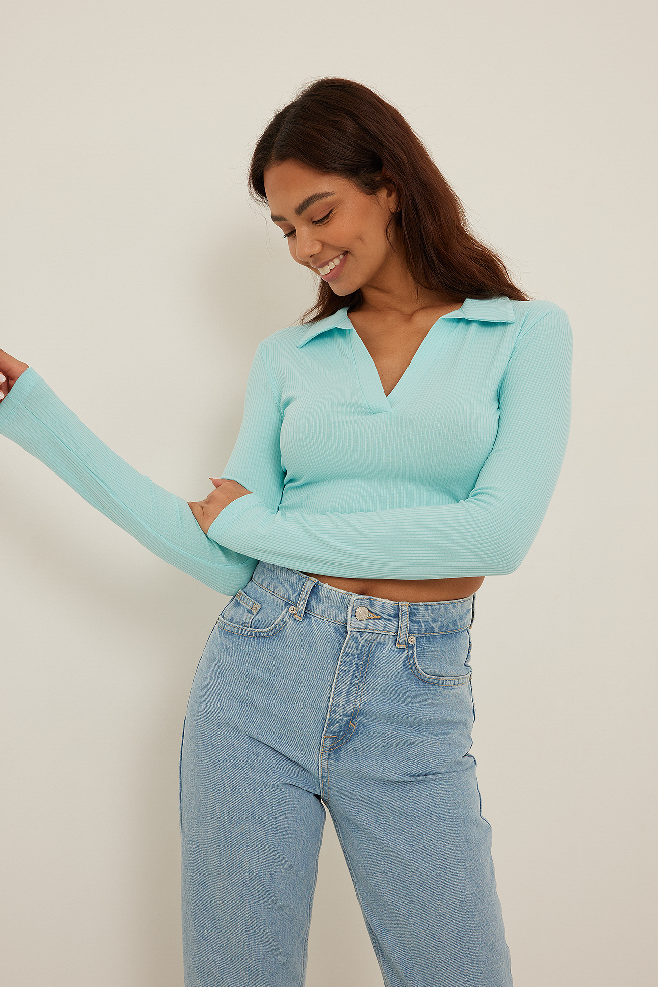 Collar Detail Crop Top Blue | na-kd.com