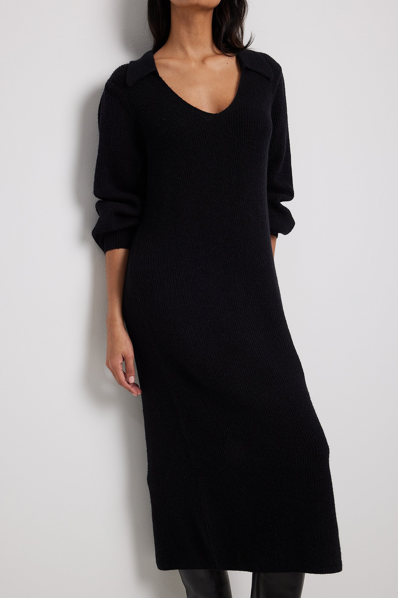 Collar Long Knitted Dress Black | NA-KD