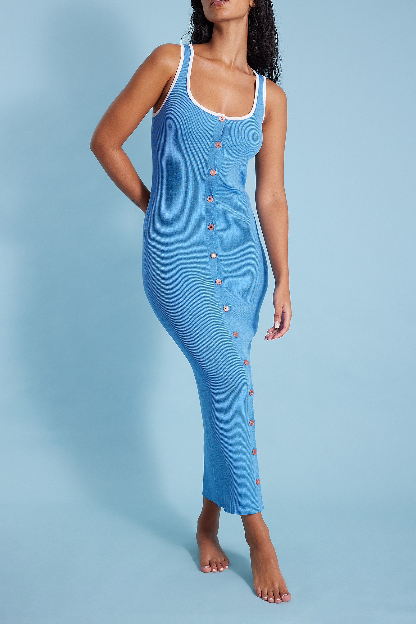 Contrast Detail Long Knitted Dress Blue | na-kd.com