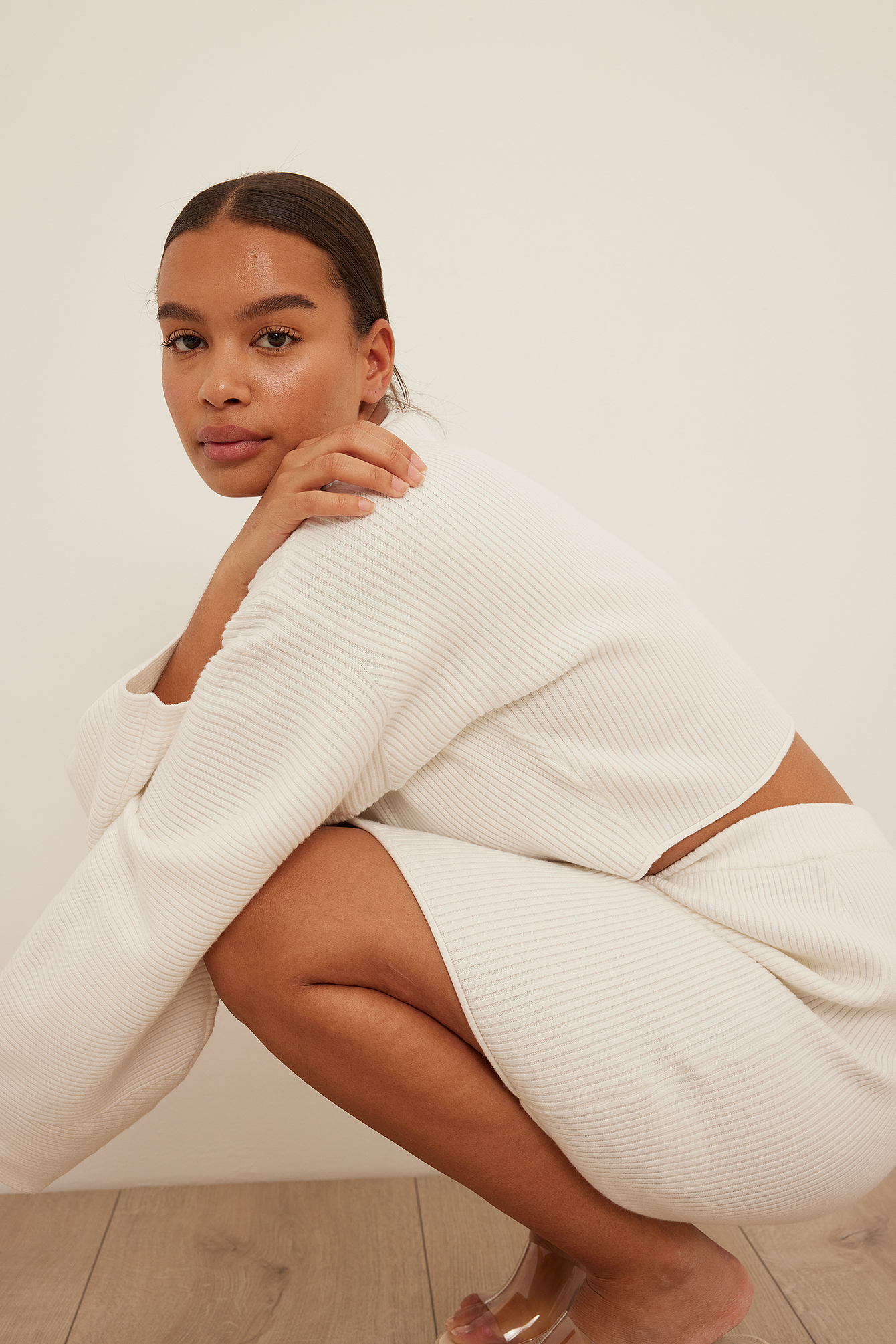 Cropped Knitted Wide Sleeve Sweater Offwhite | NA-KD