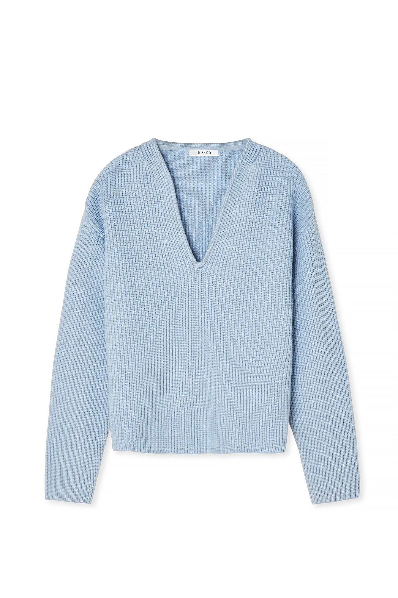 Deep V-Neck Rib Knit Sweater Blue | NA-KD