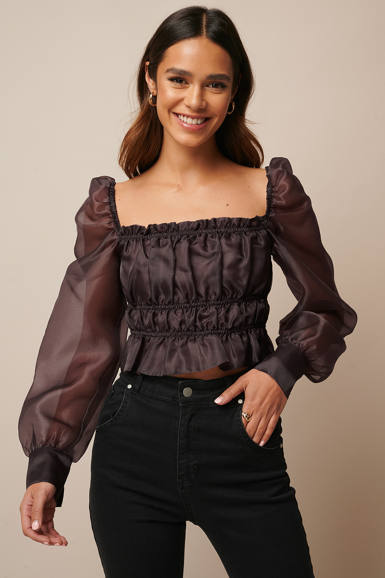 Smocked Long Sleeve Organza Blouse Morado | NA-KD