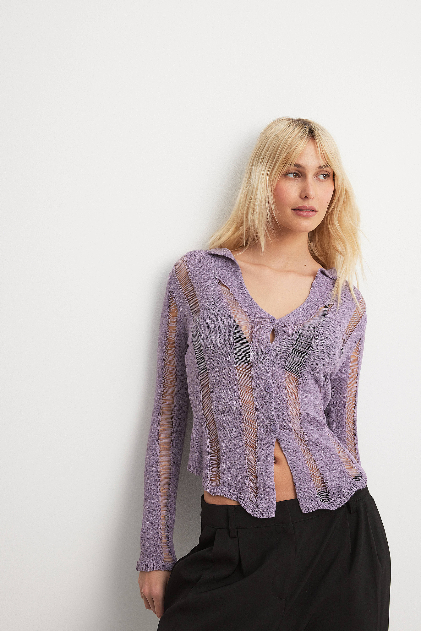 Fine Knitted Distressed Cardigan Purple | NA-KD