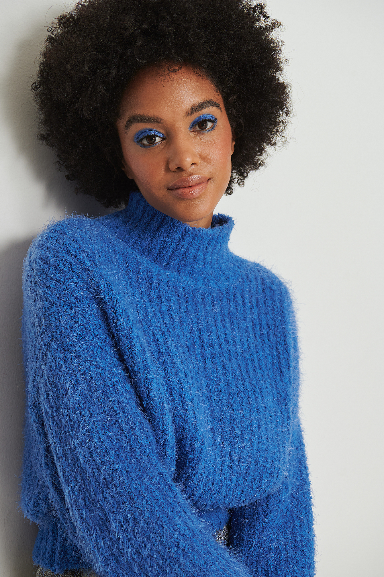 Fluffy Knitted Turtleneck Sweater Blue | na-kd.com