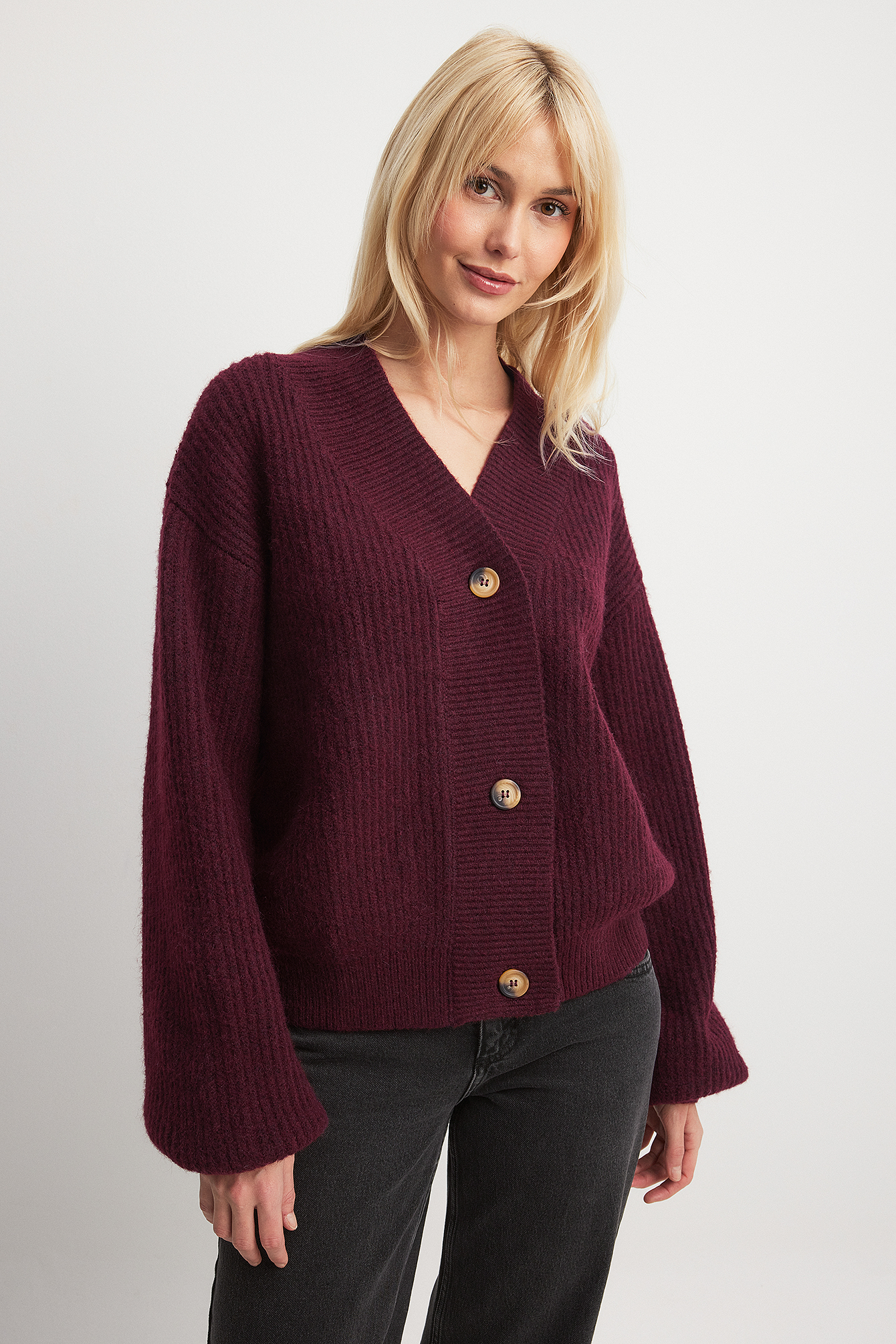 Heavy Rib Knitted Cardigan Burgundy | NA-KD