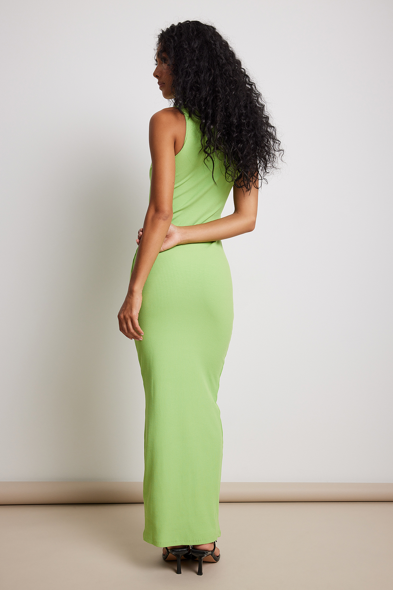 High Neck Ribbed Maxi Dress Green | na-kd.com