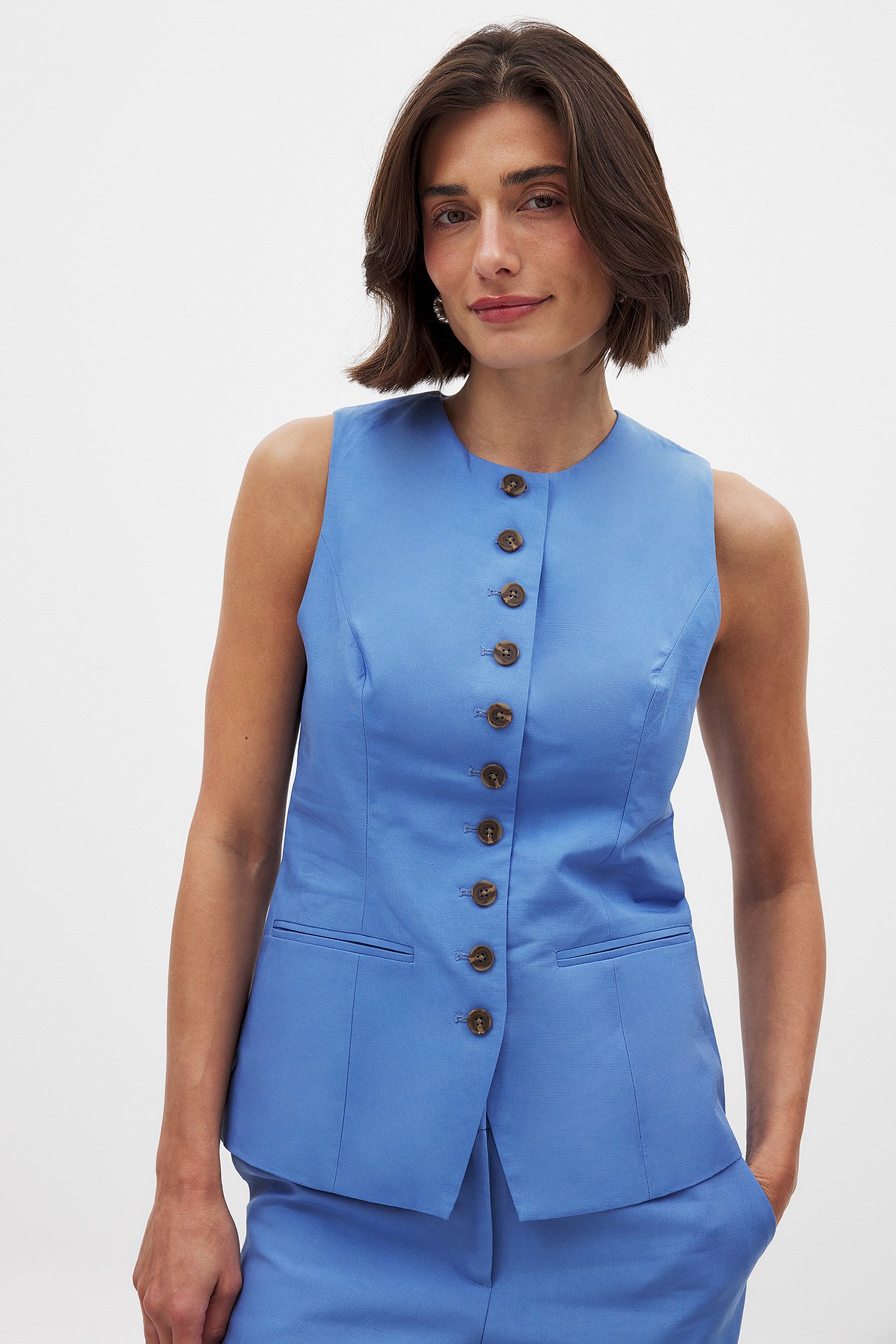 Linen Blend Button Front Vest Blue | NA-KD