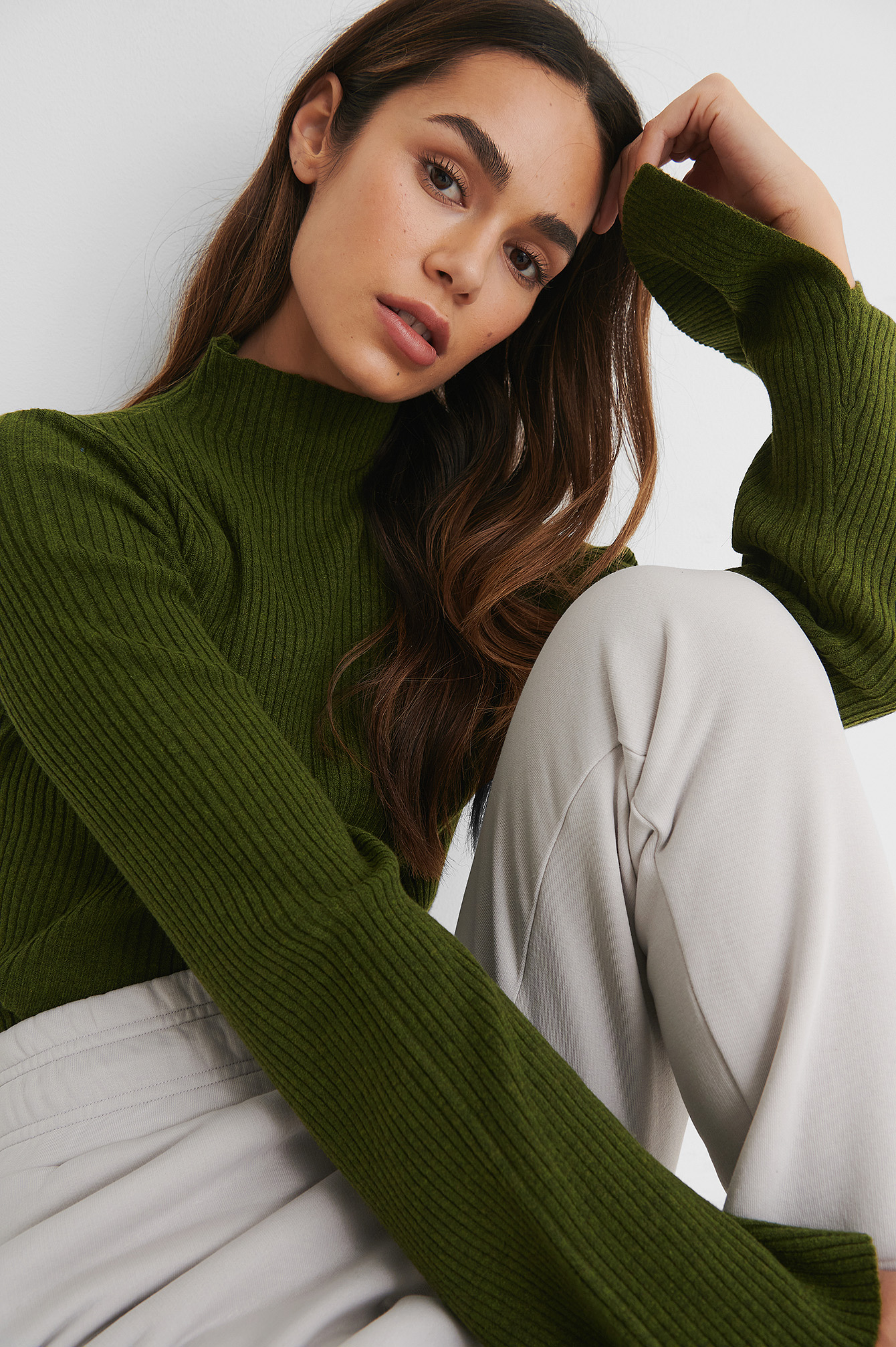Sleeve Slit High Neck Top Green | NA-KD