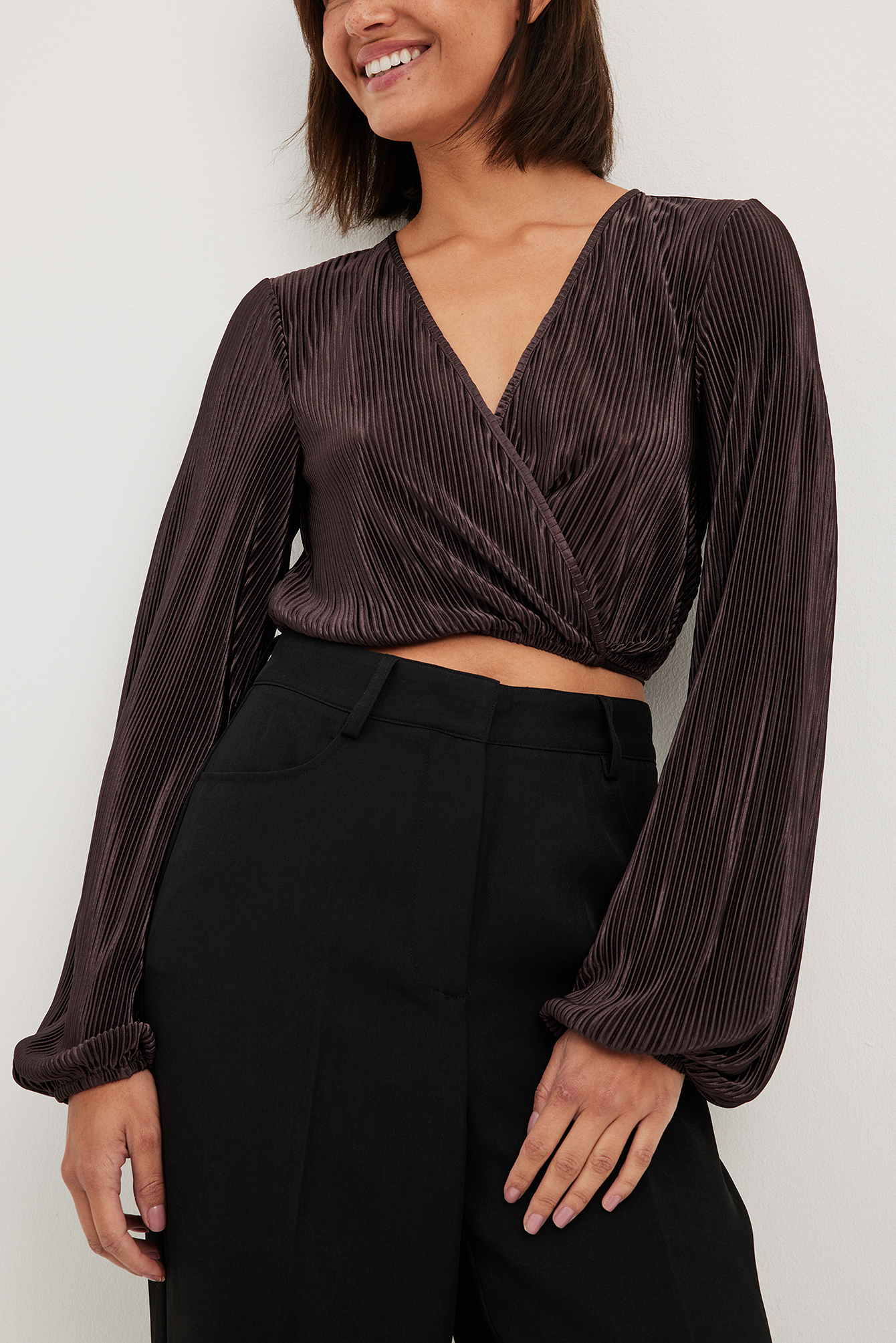 Long Sleeve Pleated Wrap Top Brown | NA-KD