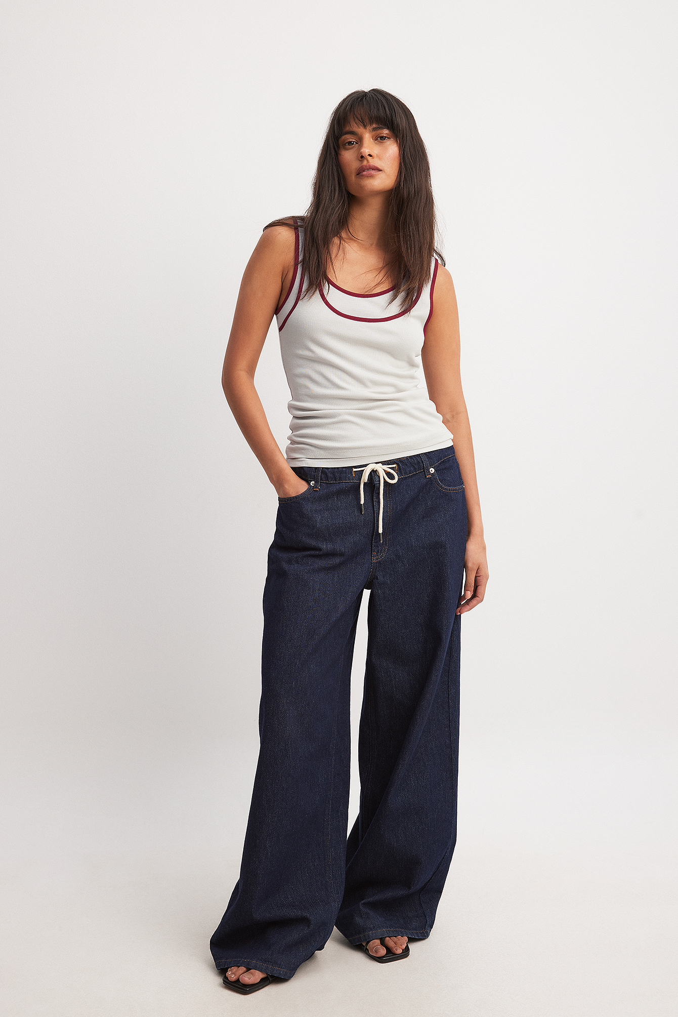 Mid Waist Drawstring Detail Jeans Blue | NA-KD