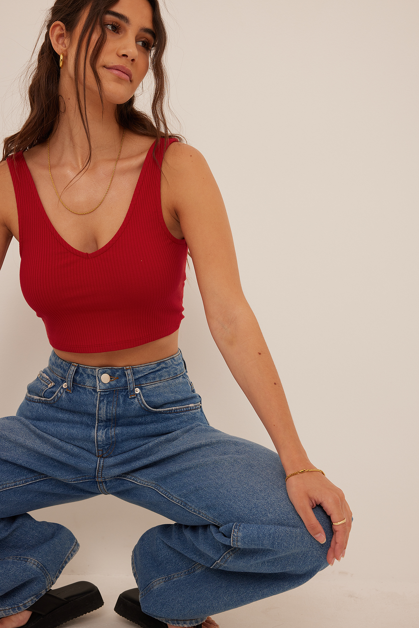 Organic V-neck Rib Crop Top Grey | na-kd.com
