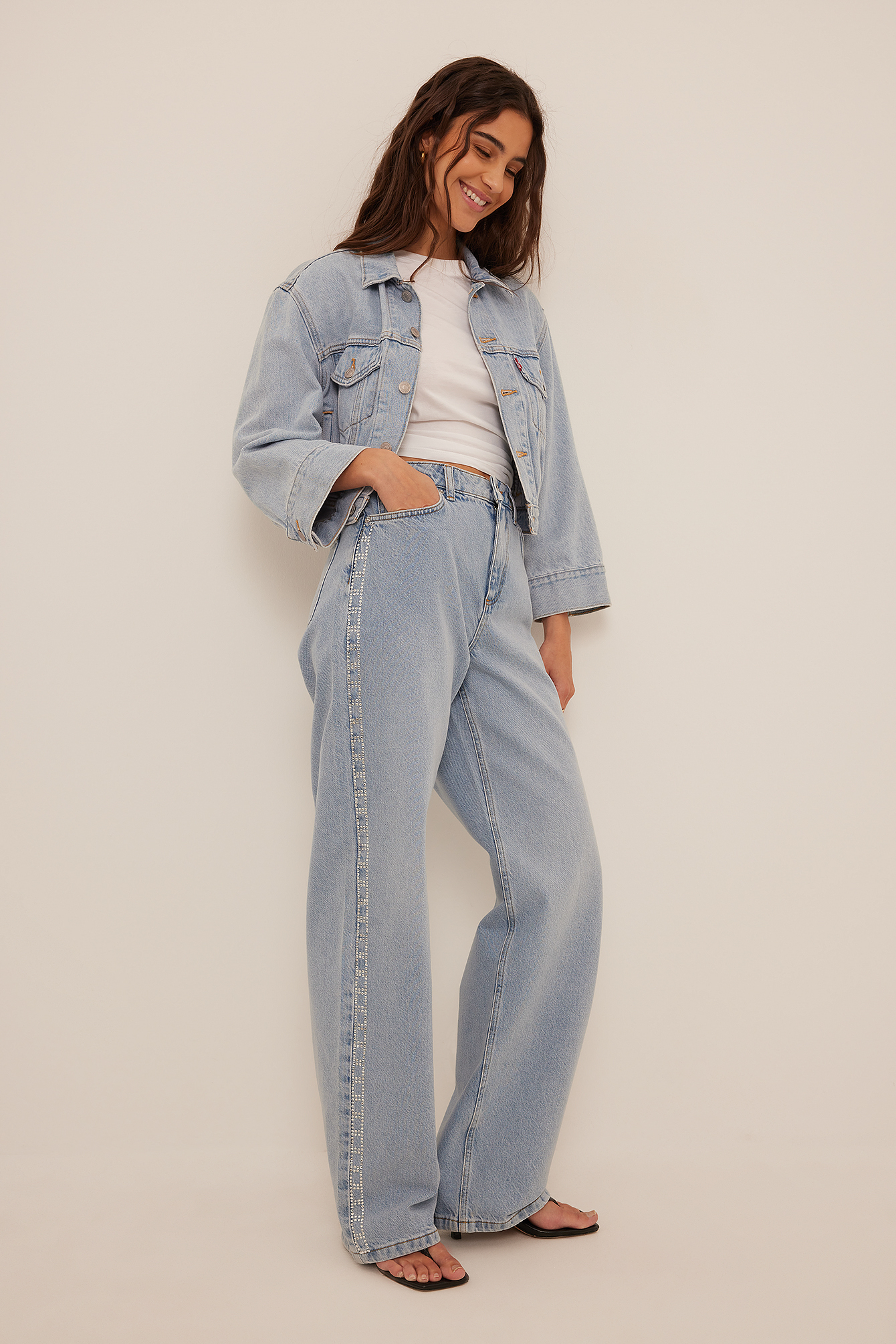 Side Seam Rhinestone Detail Denim Blue | na-kd.com