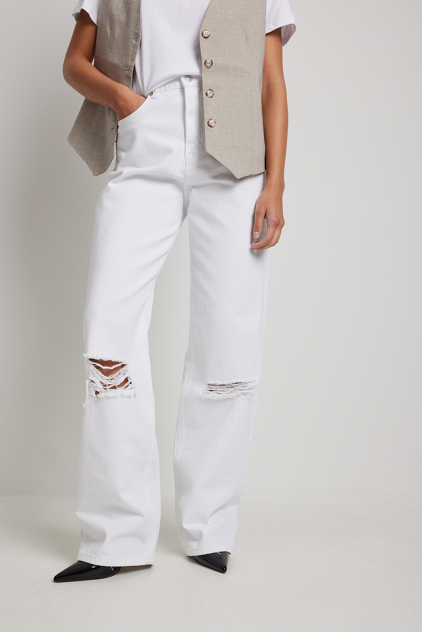 Wide Leg Destroyed Jeans White | NA-KD