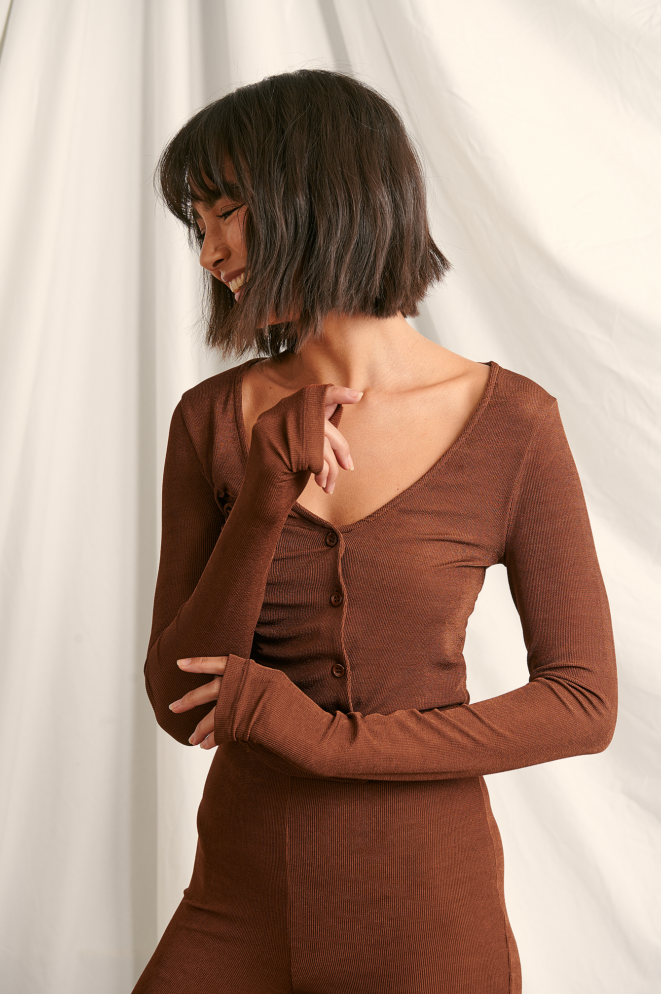 Asymmetric Button Gathered Top Brown | na-kd.com