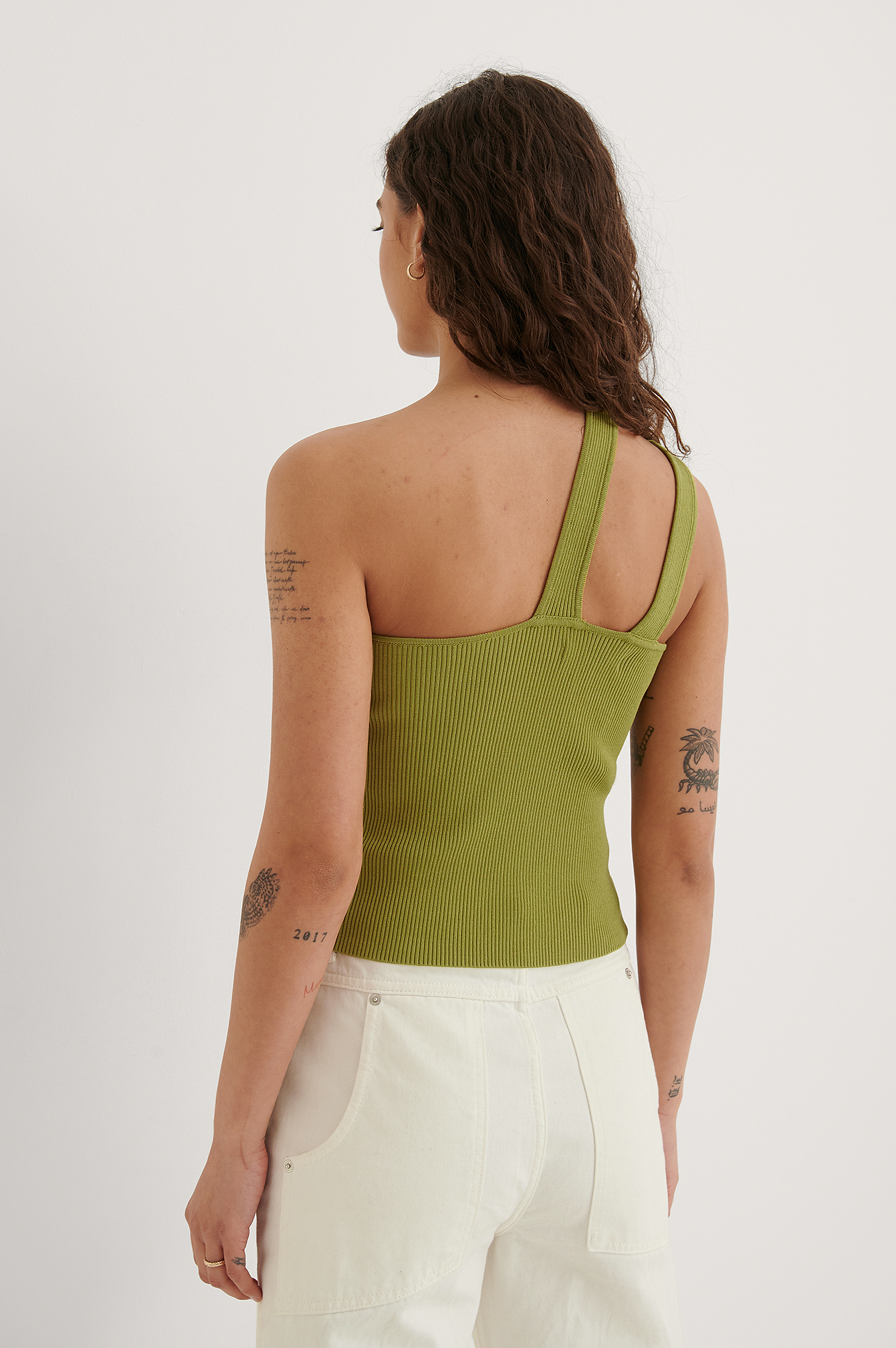 Asymmetric Knitted Ribbed Singlet Green | na-kd.com