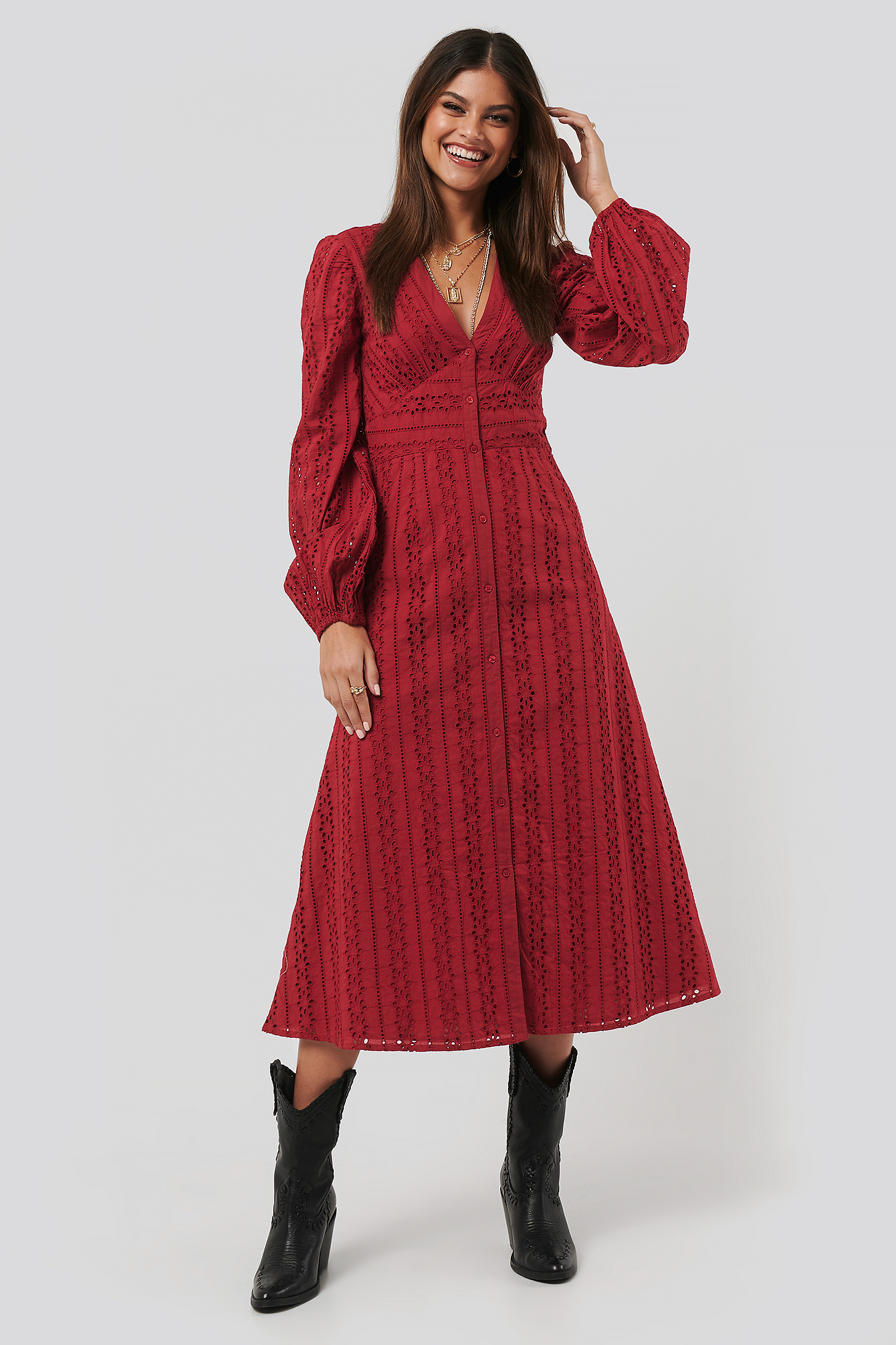 Balloon Sleeve Anglaise Midi Dress Rot | NA-KD