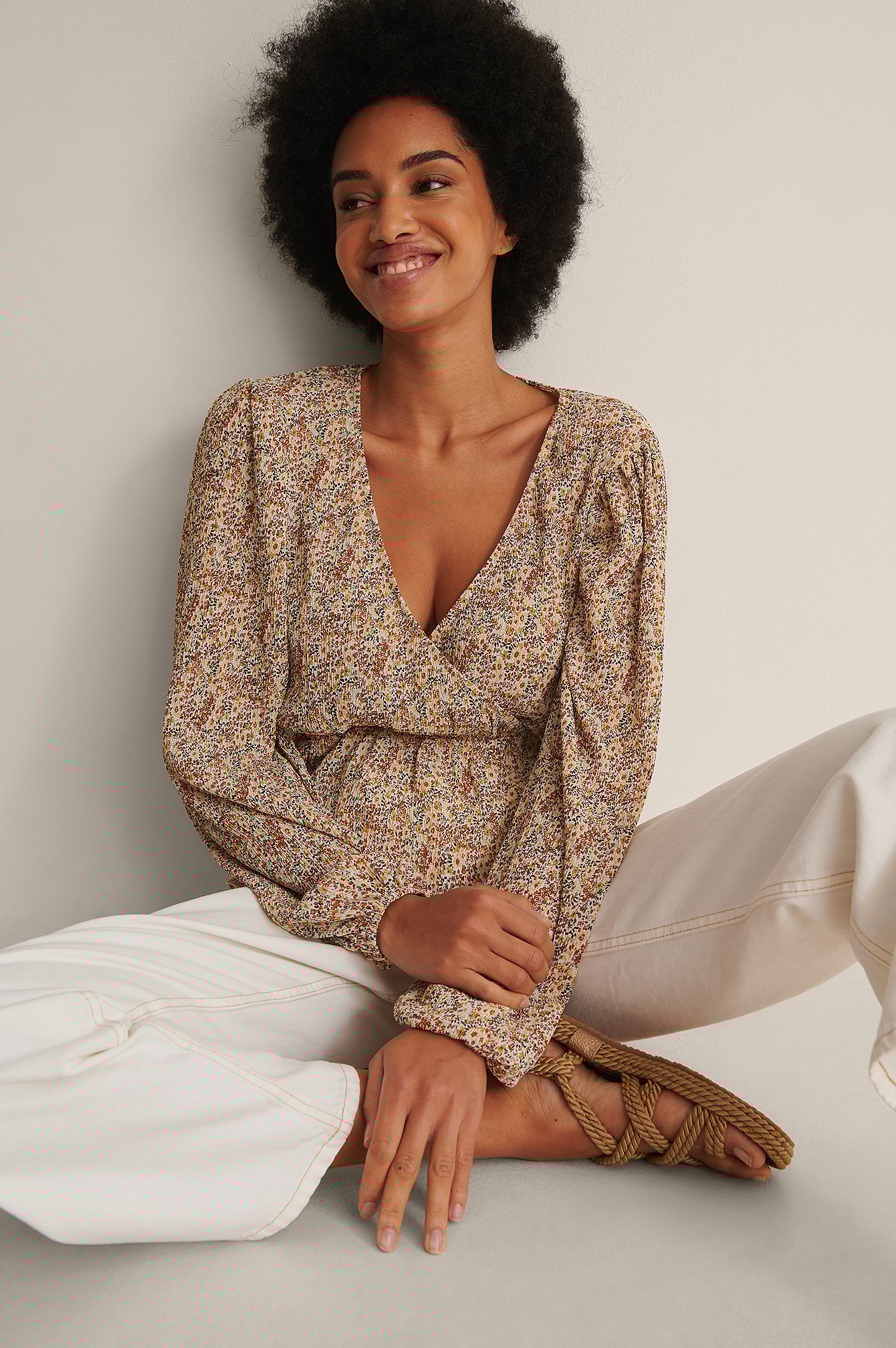 Balloon Sleeve Overlap Blouse Flower | NA-KD