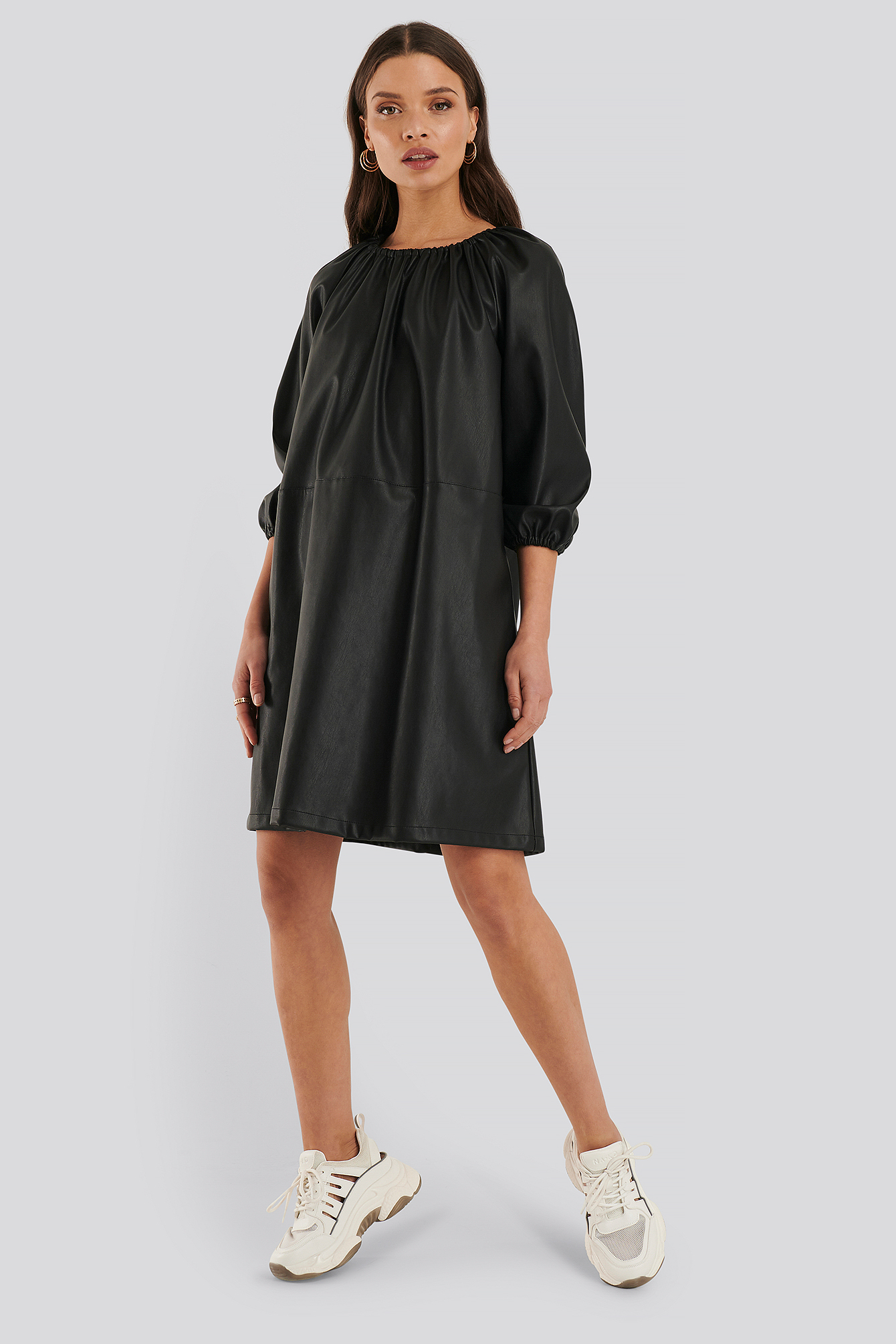 Balloon Sleeve PU Dress Black | na-kd.com