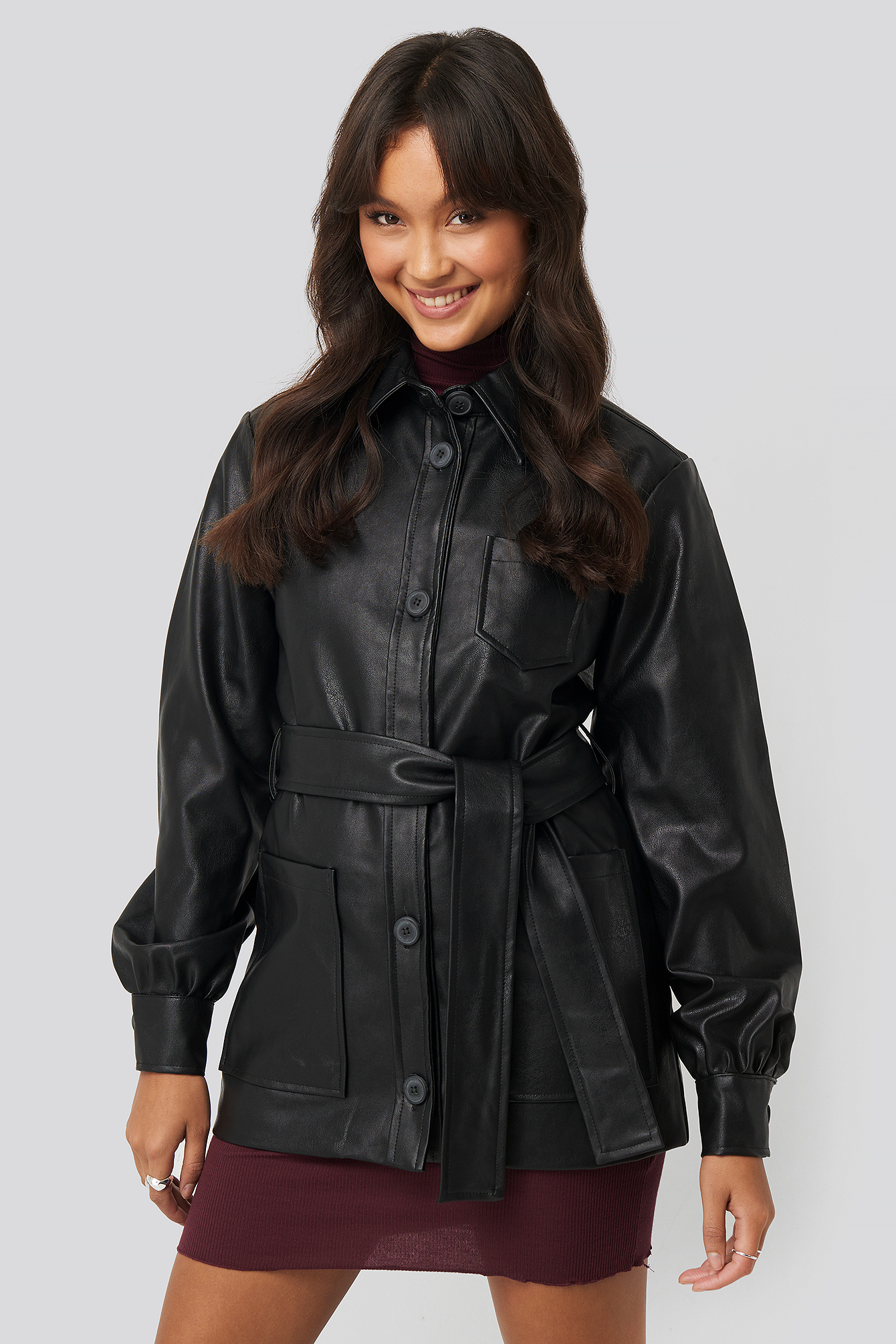 Balloon Sleeve Tied Waist Pu Jacket Black | NA-KD