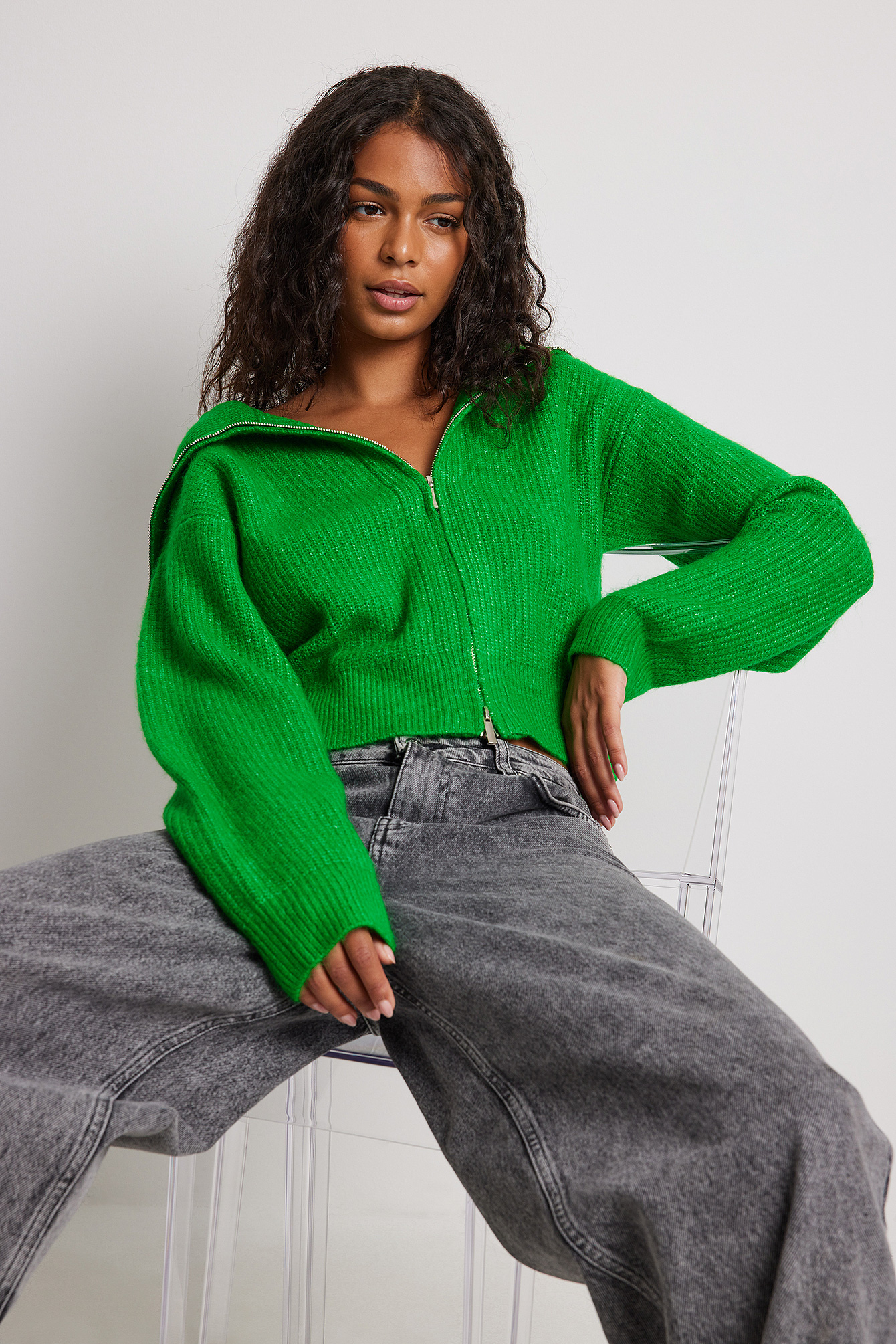 Big Collar Zipped Knitted Cardigan Green | na-kd.com
