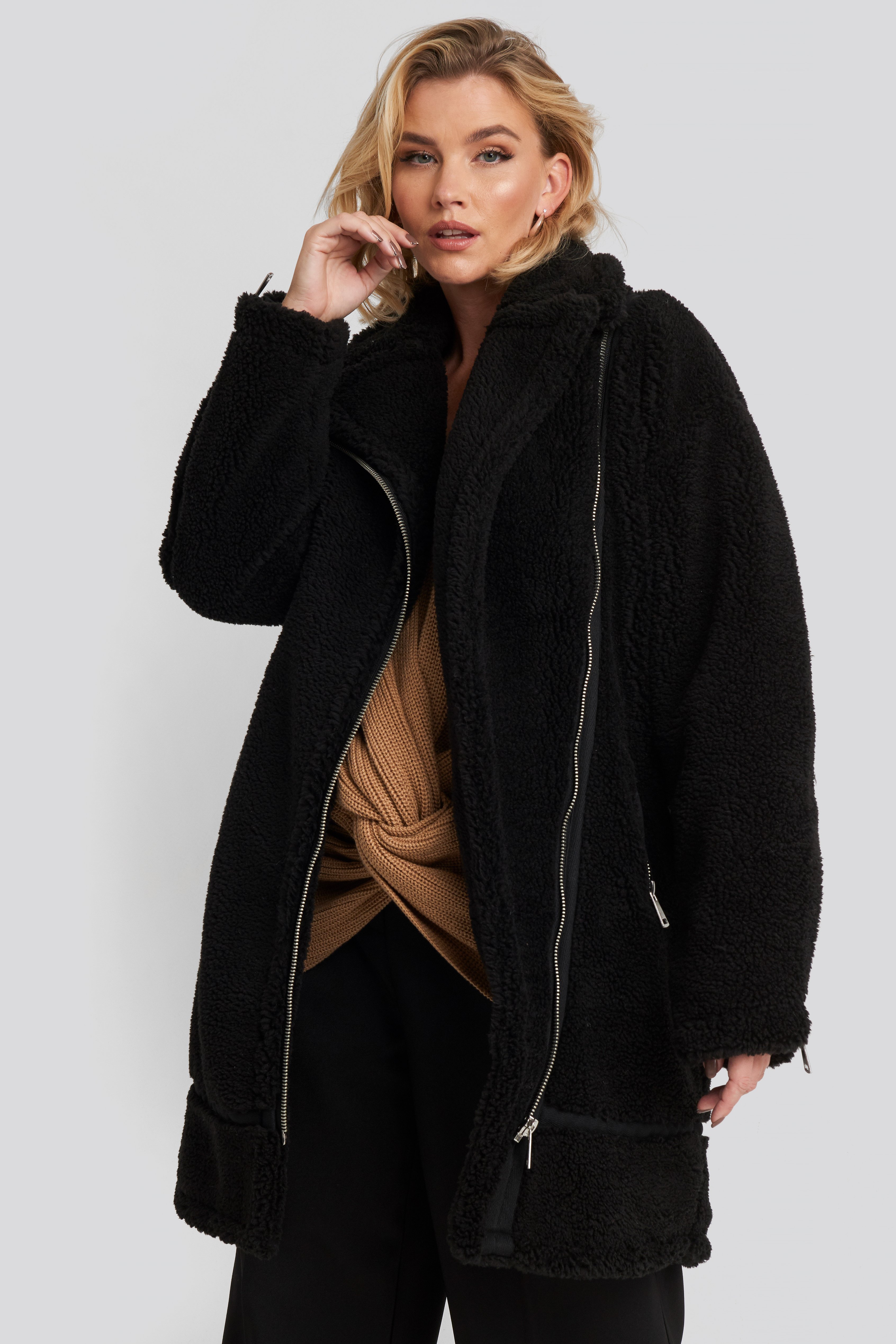 Biker Long Teddy Coat Black | na-kd.com