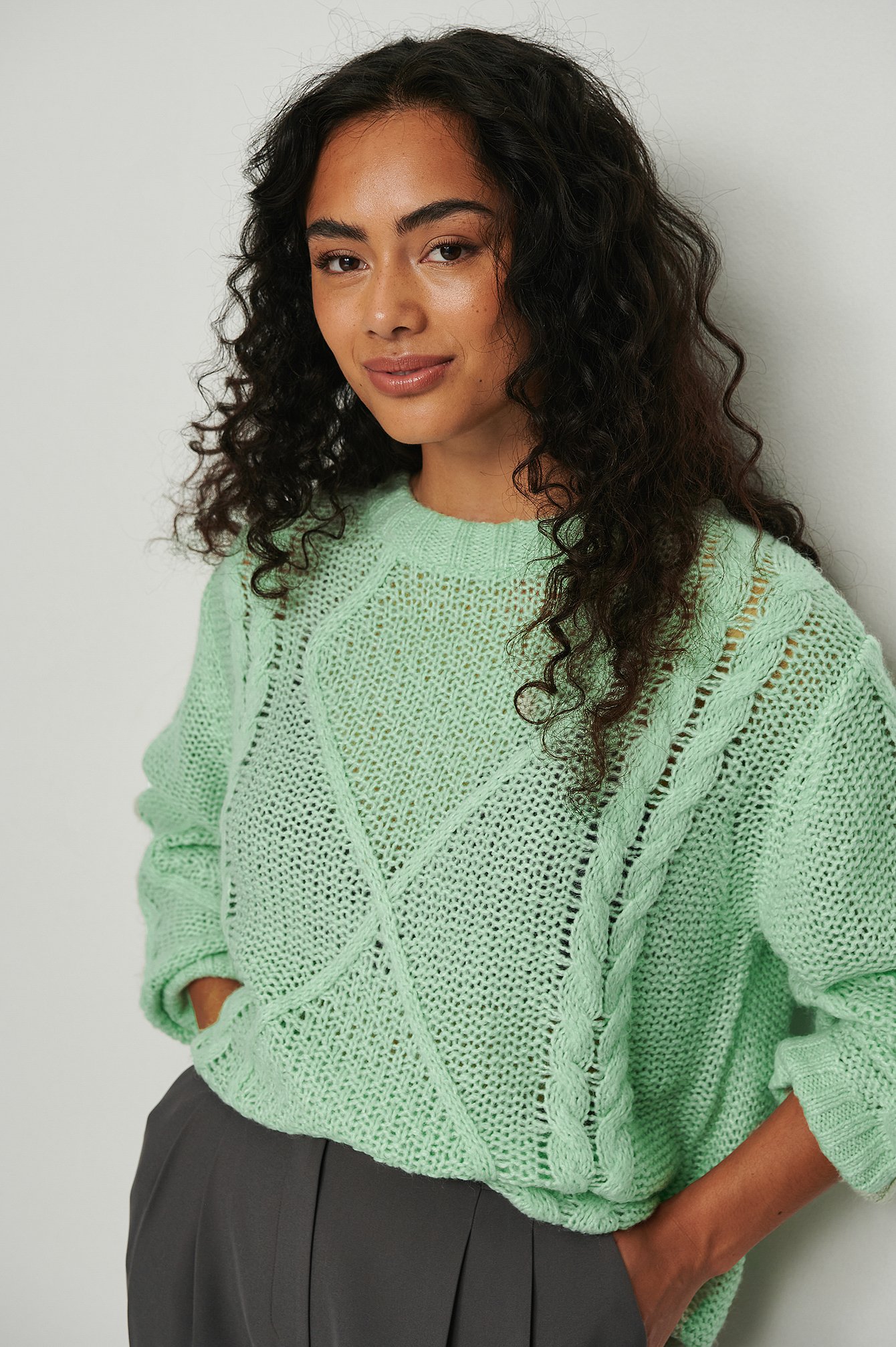 Braided Knitted Sweater Green | na-kd.com