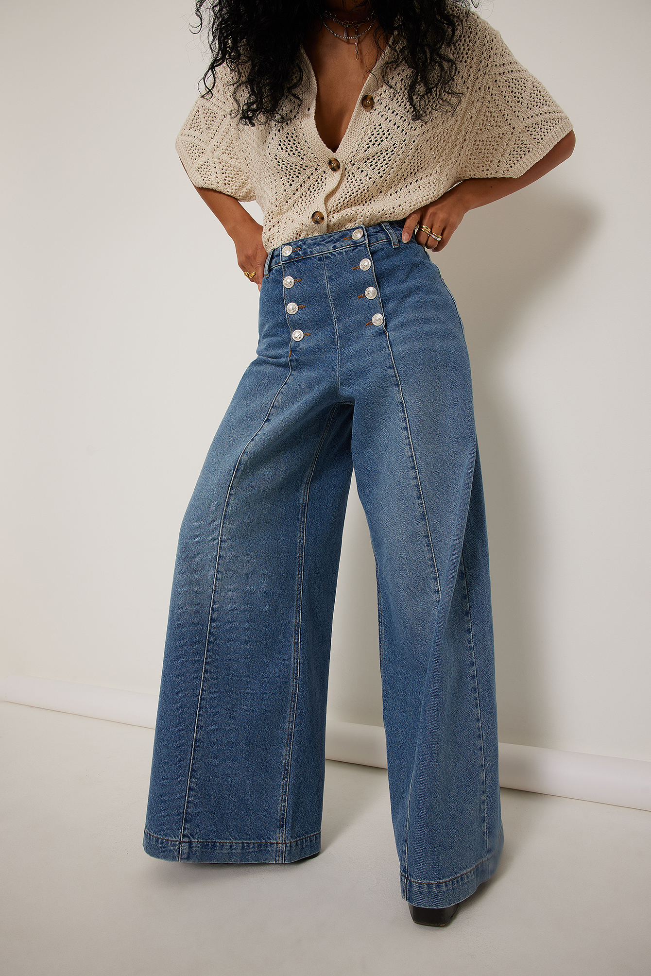 Button Detail Wide Leg Denim Blue | na-kd.com