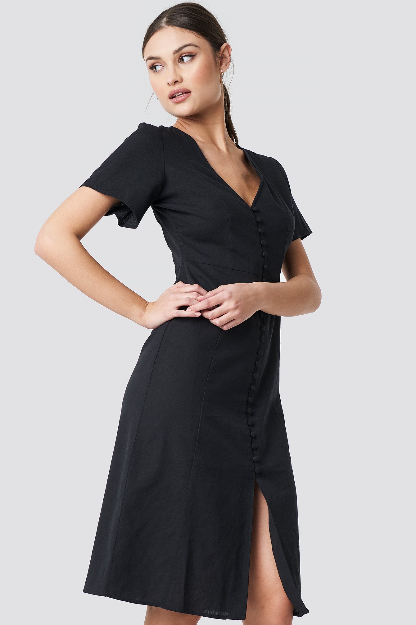 Button Front Linen-blend Dress Black | NA-KD