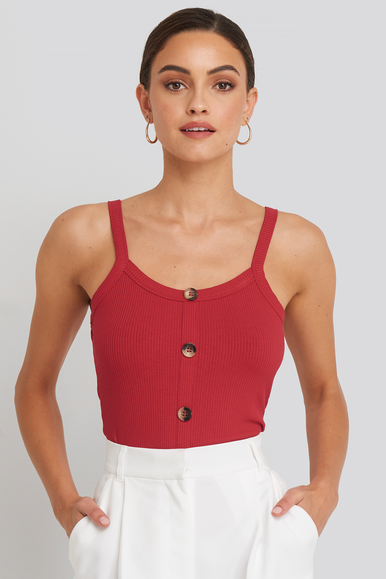 Button Rib Tank Top Red | NA-KD