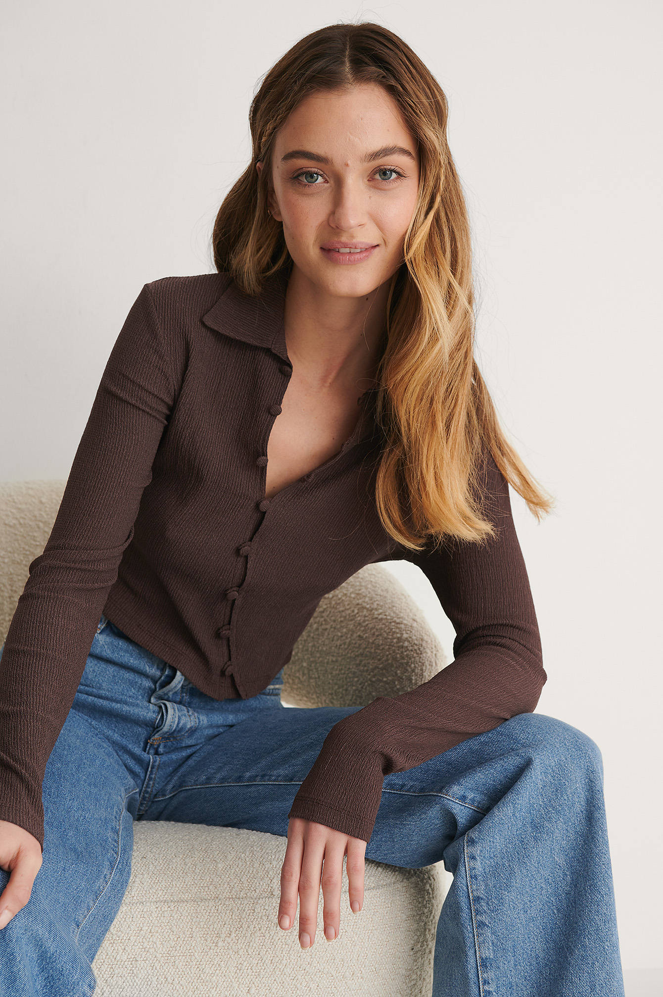 Recycled Crepe Jersey Button Top Brown | na-kd.com