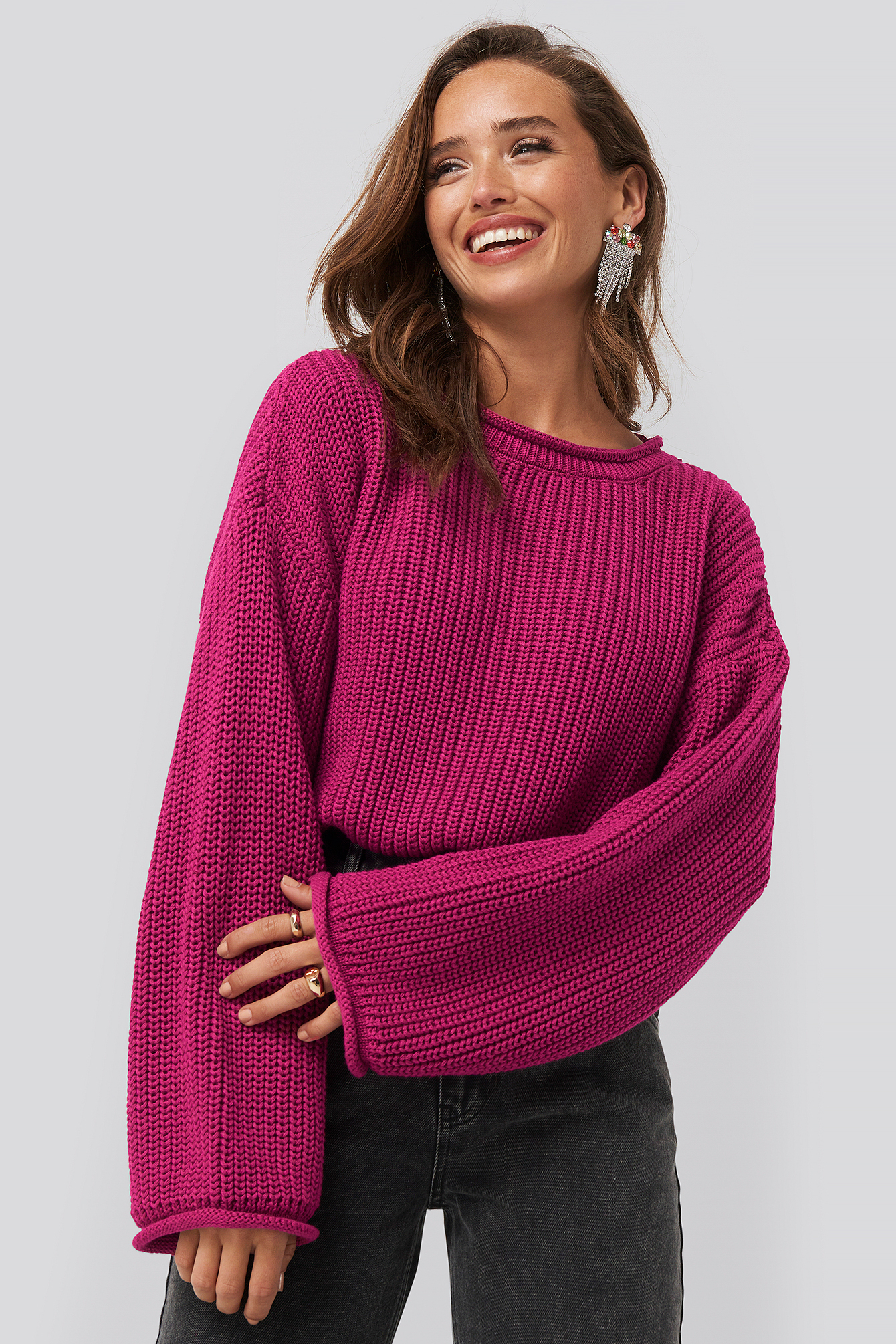 Cropped Boat Neck Knitted Sweater Rosa | NA-KD