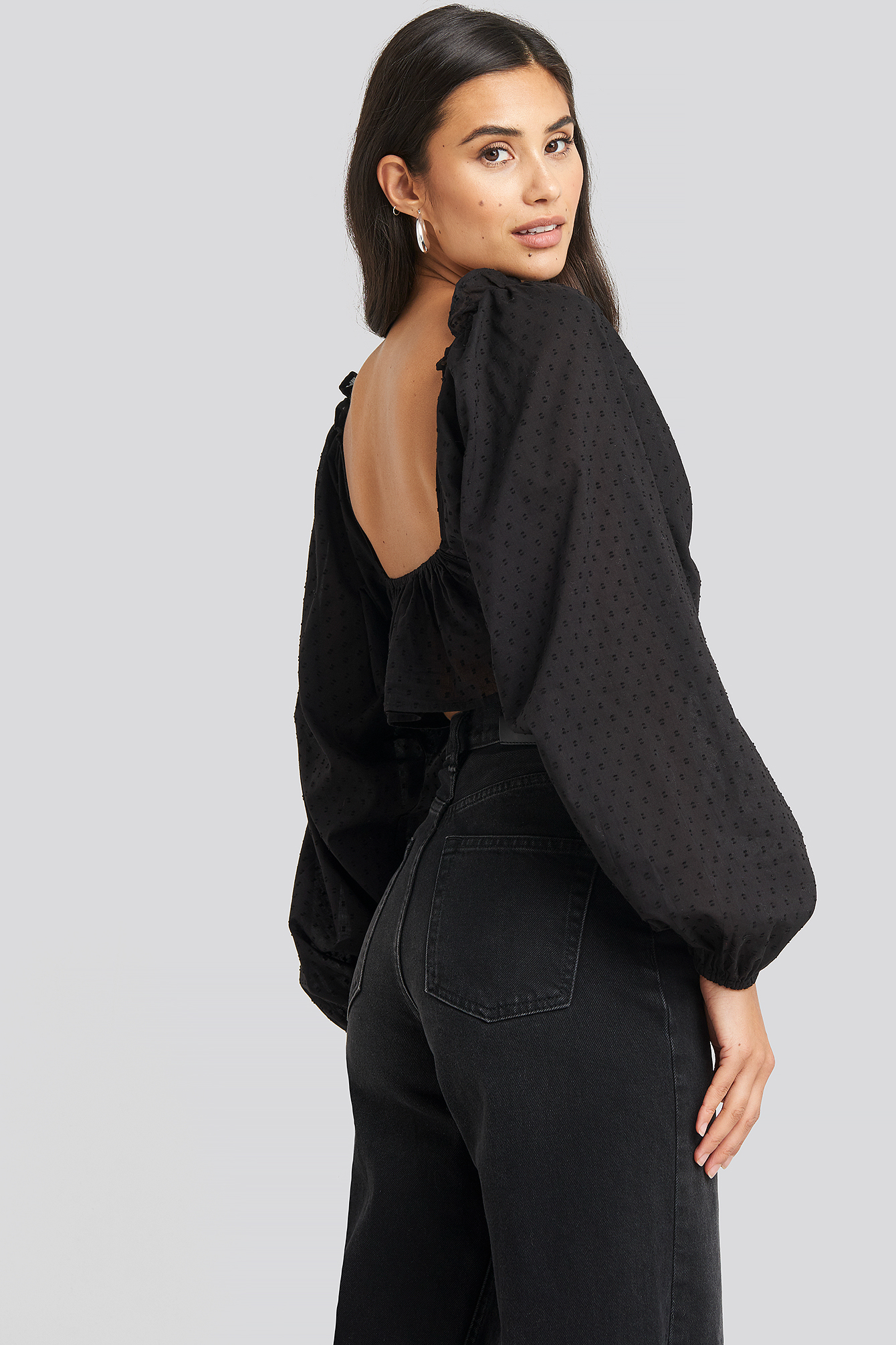 Cropped Cotton Dobby Top Schwarz | na-kd.com