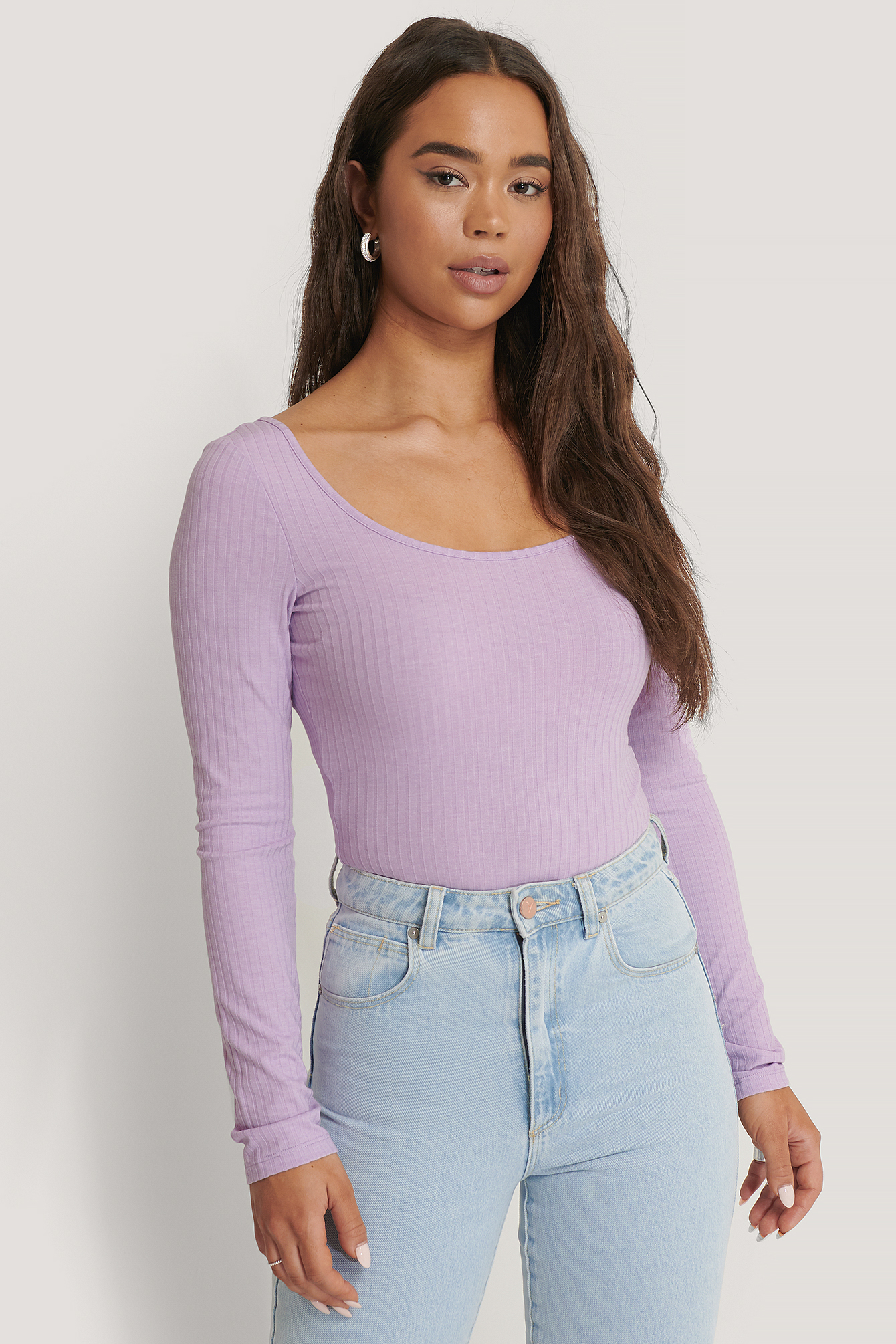 Deep Round Neck Rib Top Purple | NA-KD