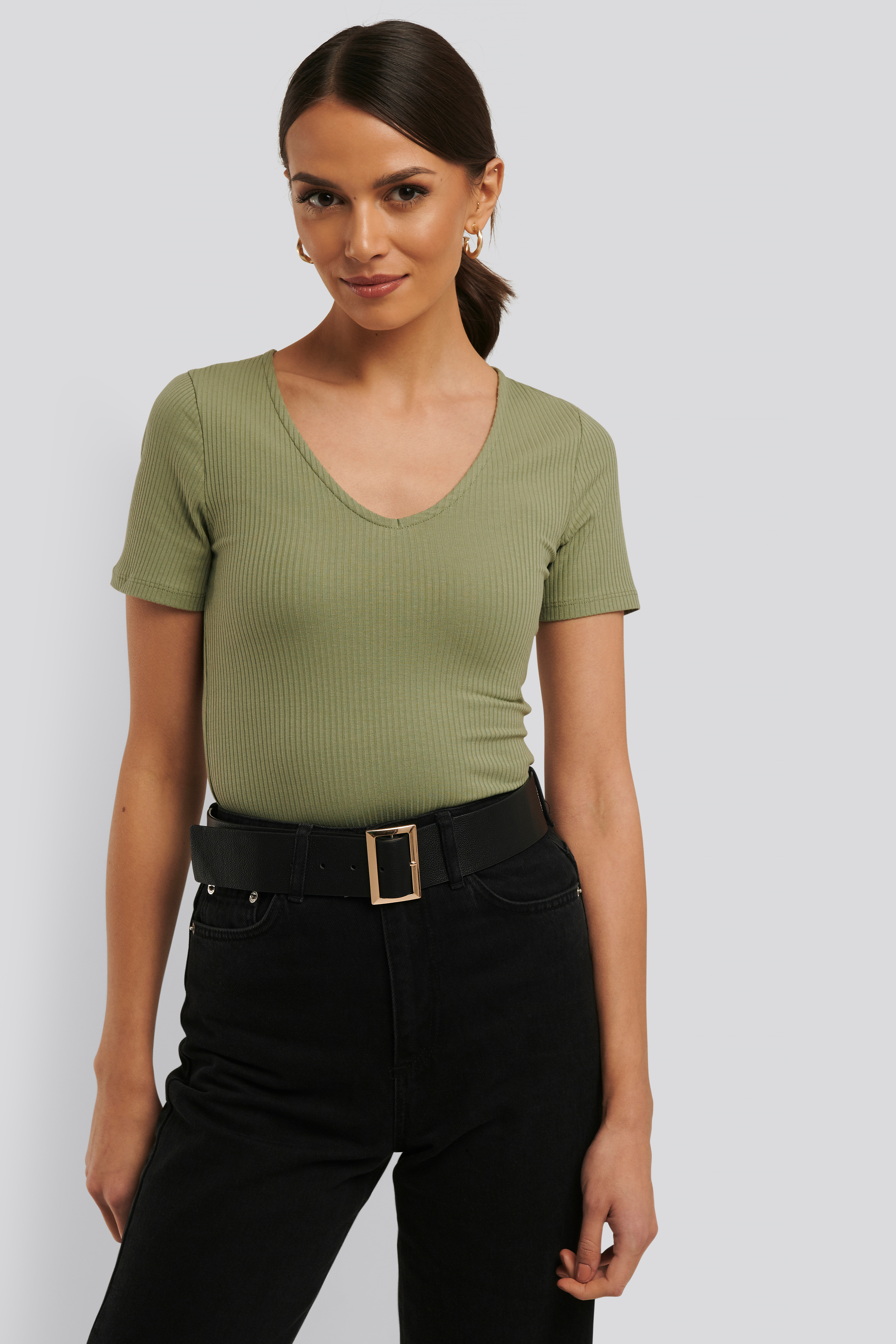 Deep V Neck Ribbed Top Green | NA-KD