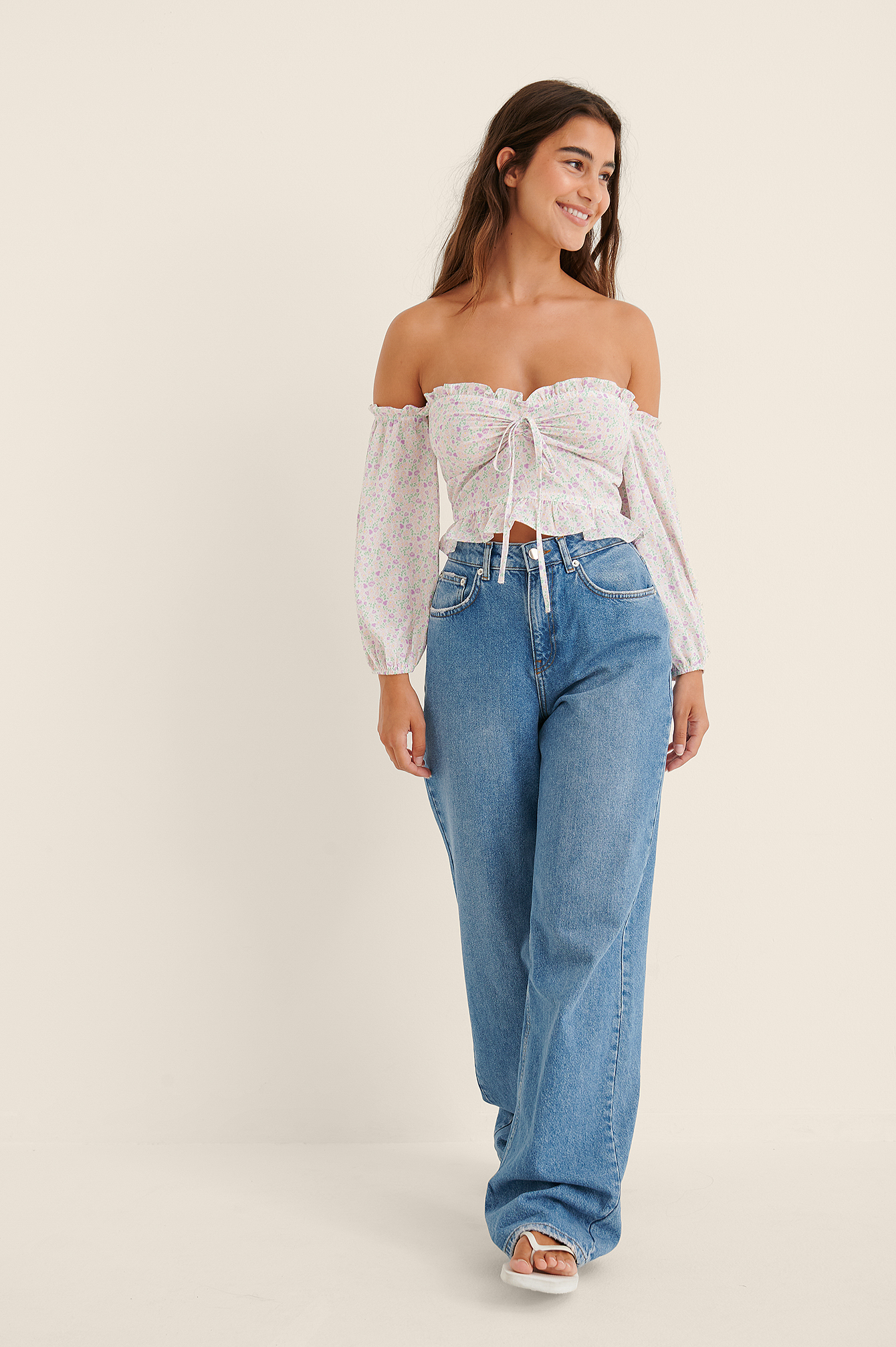 Drawstring Short Sleeve Cropped Top Flower | na-kd.com