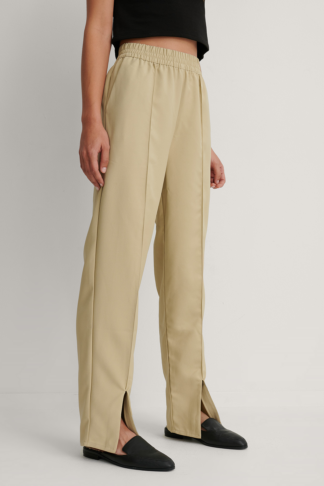 Elastic Waist Front Slit Pants Beige | na-kd.com